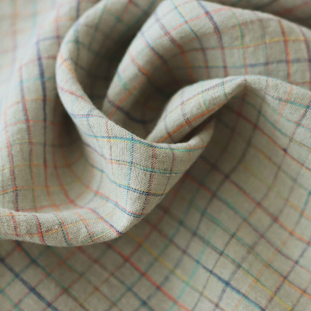 Wide Linen fabric in Natural Rainbow Grids color 160gsm - LinenCult